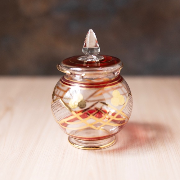 Unmarked | Accents | Vintage Glass Etched Vanity Candy Jar Red Gold 35 ...